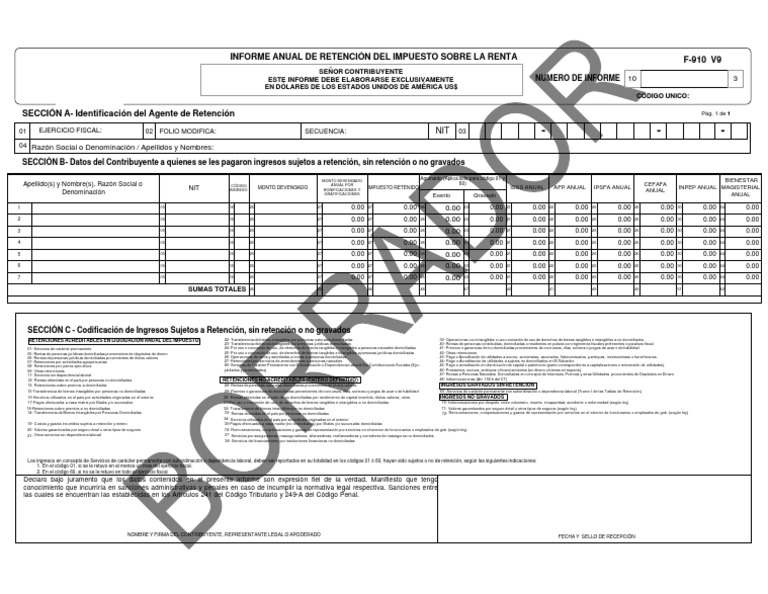 Informe Anual de Retención Del Impuesto Sobre La Renta F-910 V9 | PDF | Seguro | Reaseguro