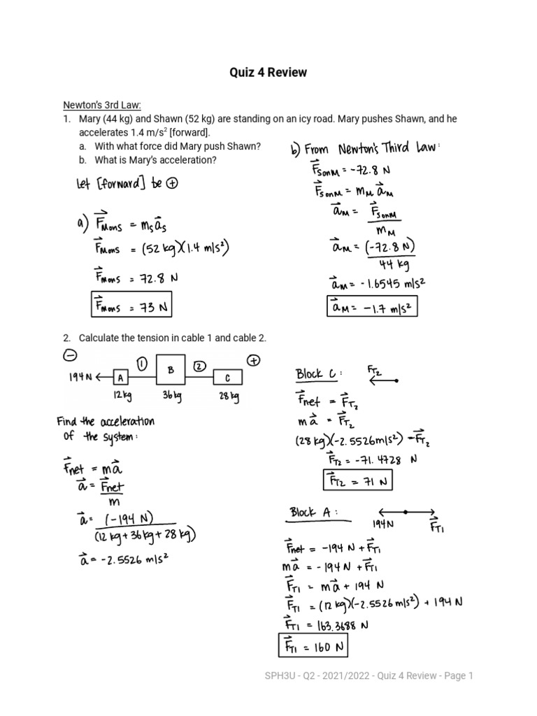 Sph3u - Quiz 4 - Review - Solutions | PDF | Force | Mass