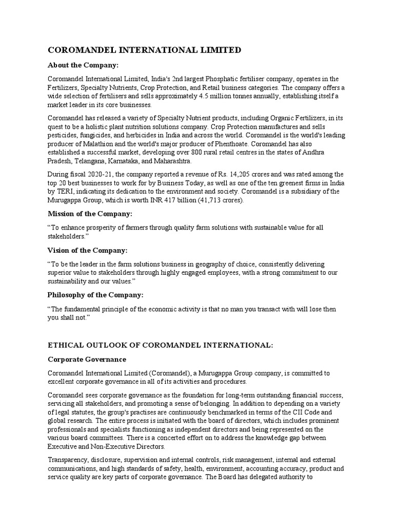 Coromandel International: Company Overview | PDF | Economies | Natural ...