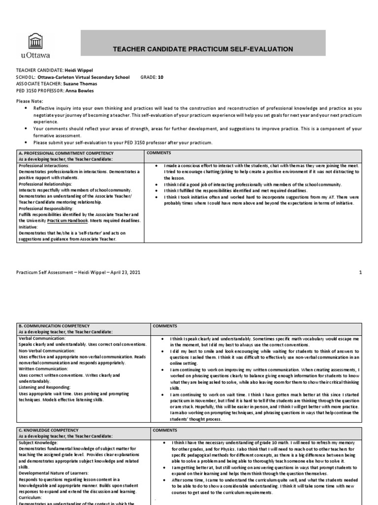 Practicum Self Assessment - Heidi Wippel | PDF | Educational Assessment ...