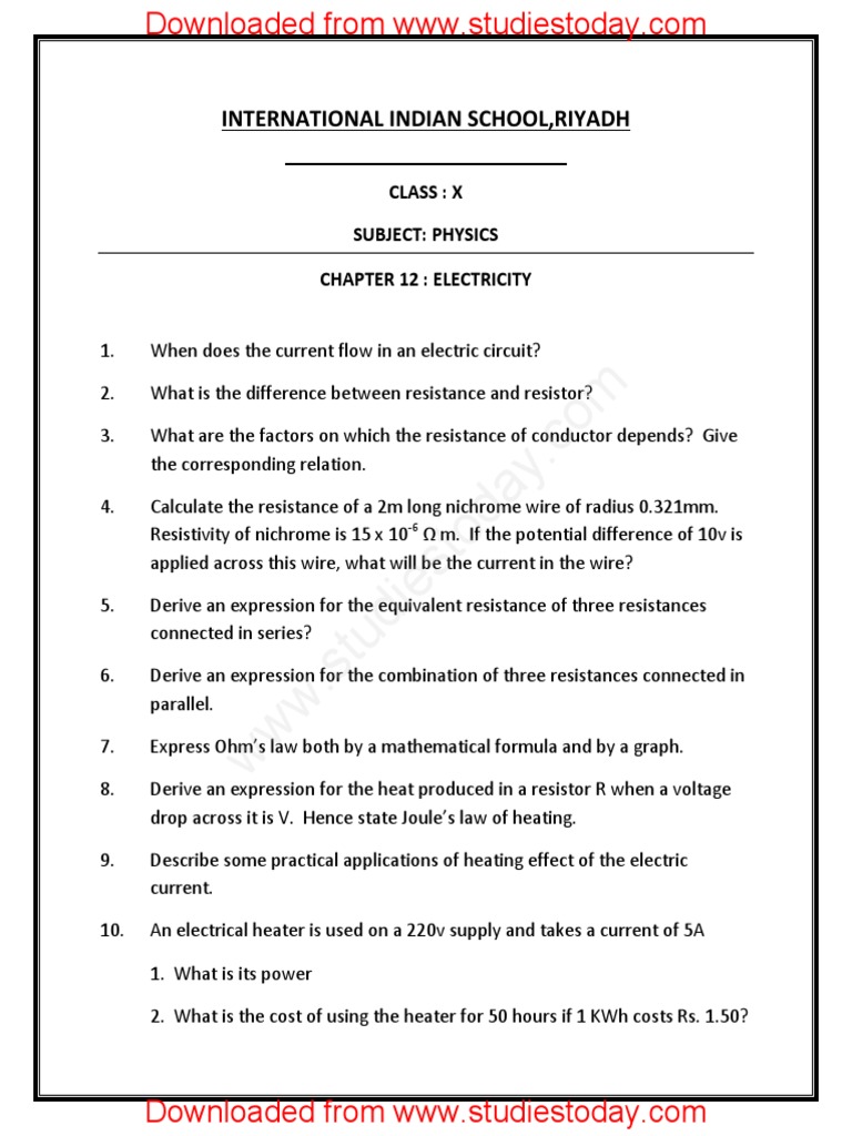 CBSE Class 10 Physics Electricity Worksheet Set A | PDF | Electrical ...