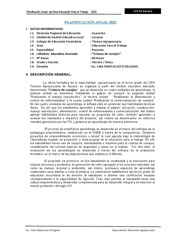 Planificación Anual Ept Pecuaria 2022 Ok | PDF | Evaluación | Aprendizaje