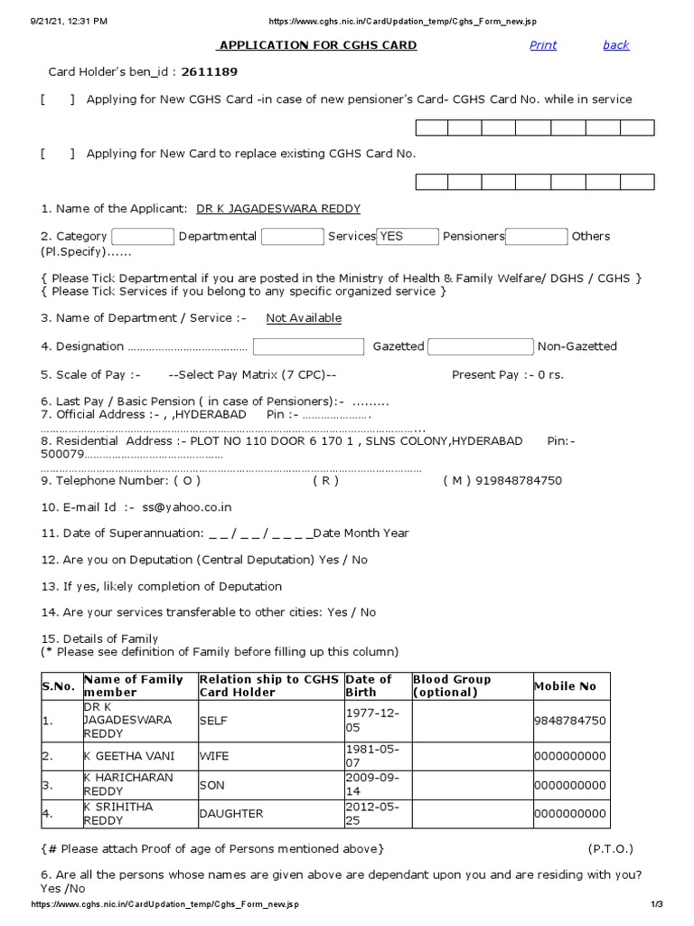 Application For Cghs Card: Print | Download Free PDF | Identity ...