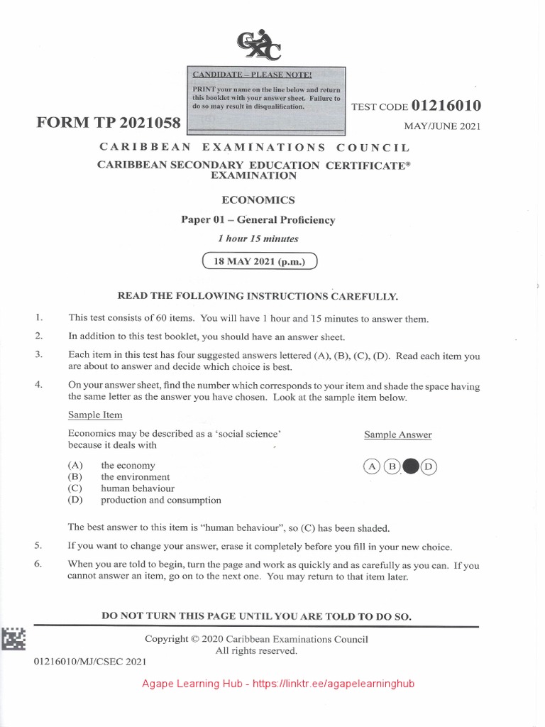 CSEC Economics Paper 1 July 2021 | PDF