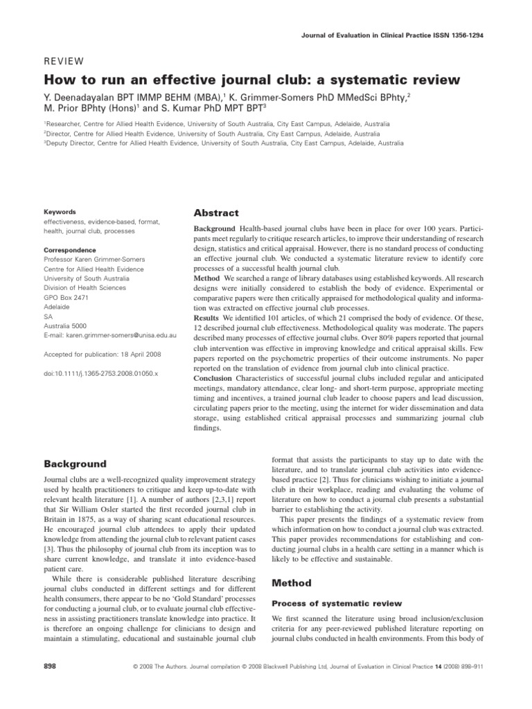 How To Run An Effective Journal Club: A Systematic Review | PDF