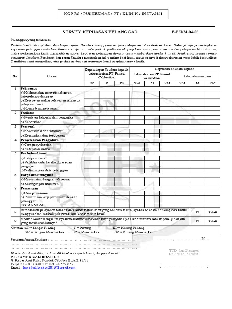 Surat Survey Kepuasan Pelanggan | PDF