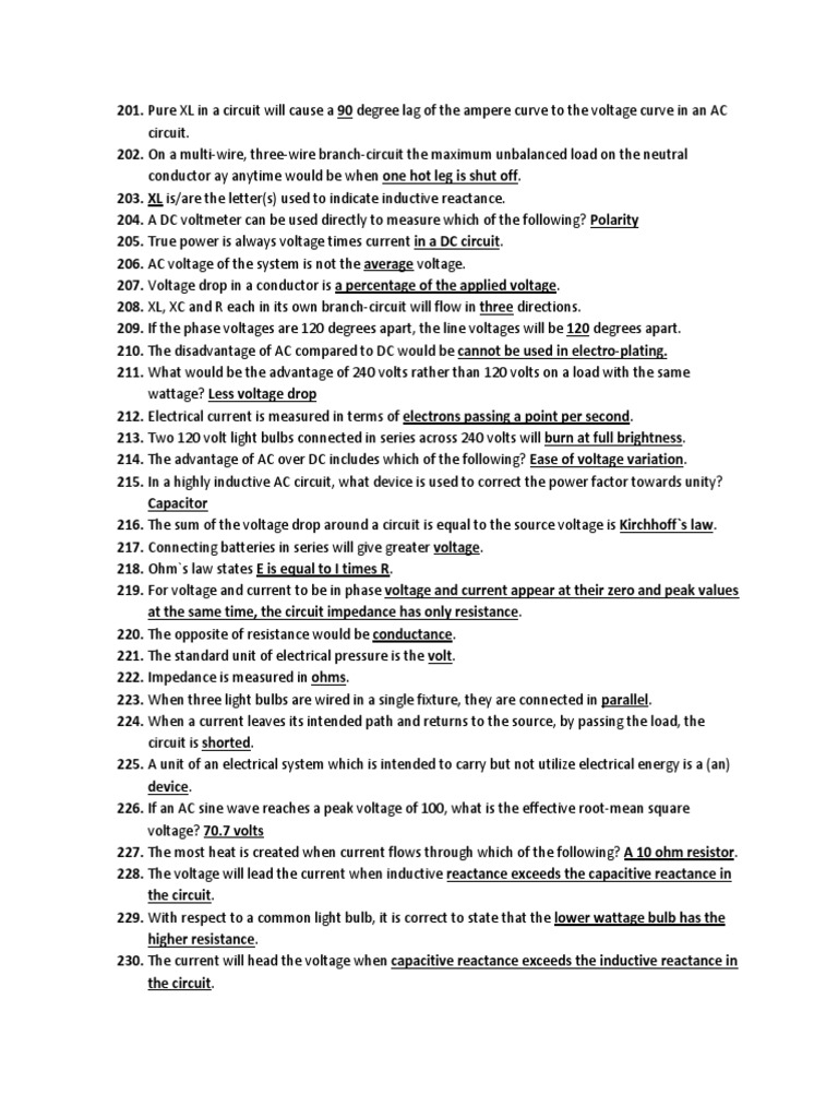 Understanding Key Electrical Concepts Through Multiple Choice Questions ...