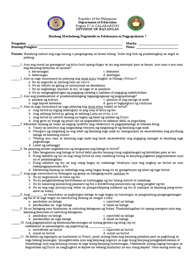 3rd EsP 7 With Ans Key | PDF