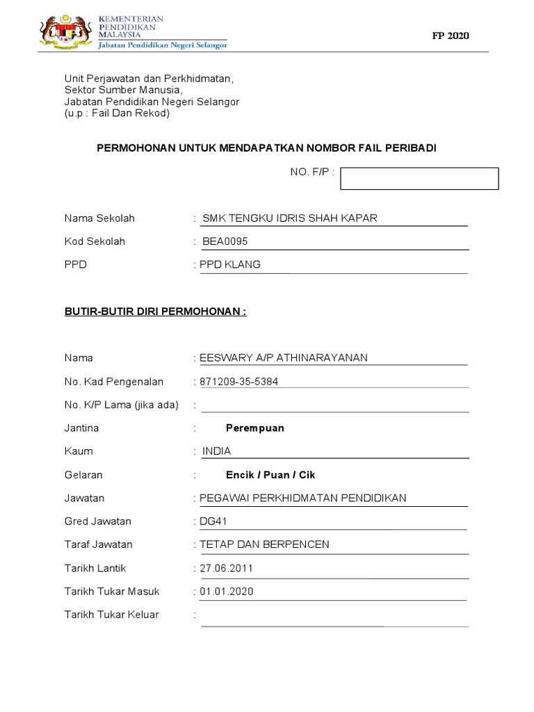 Permohonan Fail 2020 JPS Eeswary | PDF