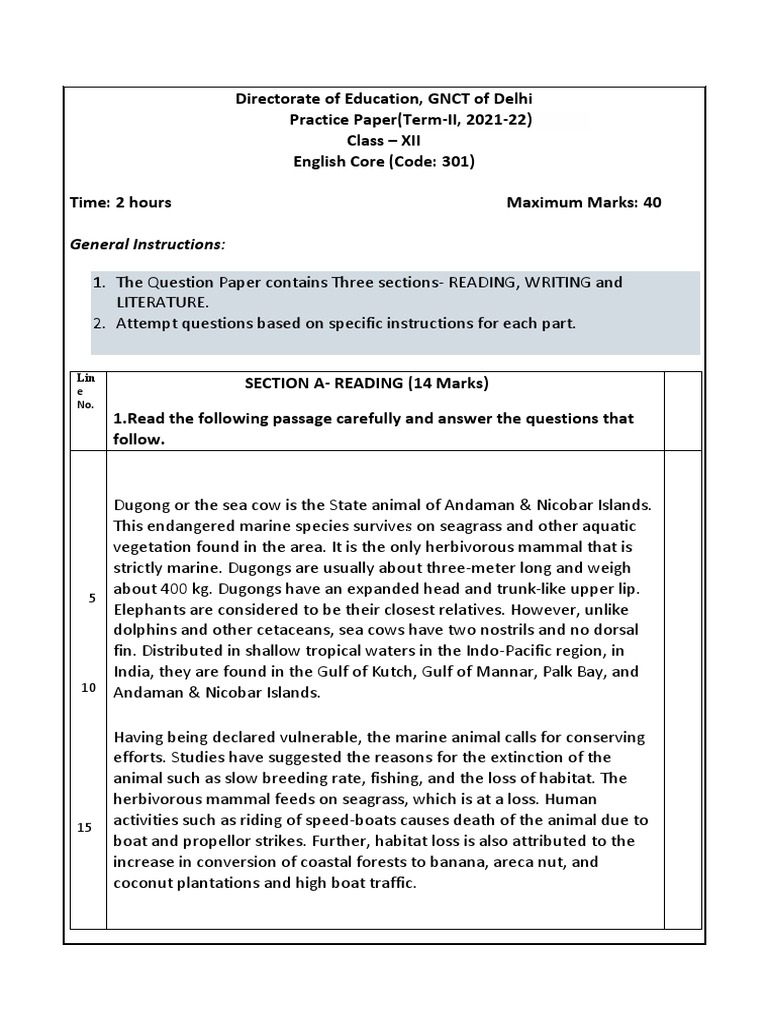 Class 12 English Practice Paper 2 | PDF