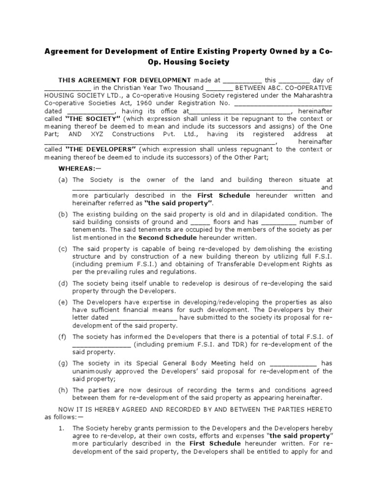Agreement For Development of Entire Existing Property Owned by A Co-Op ...