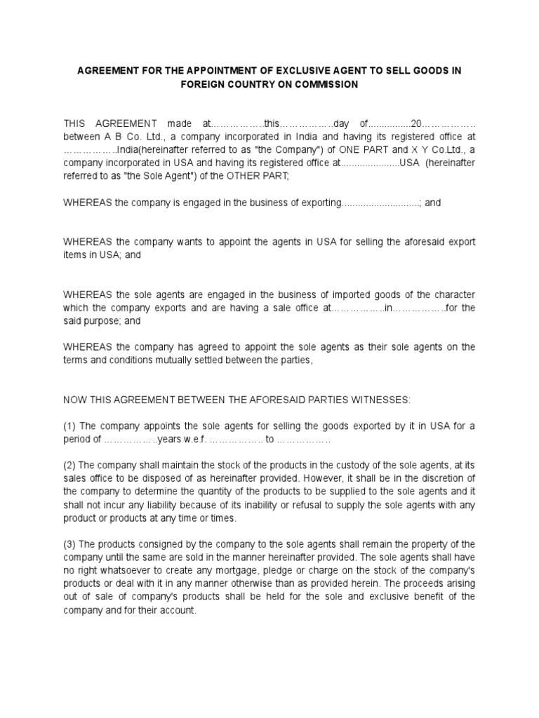 Agreement For The Appointment of Exclusive Agent To Sell Goods in ...