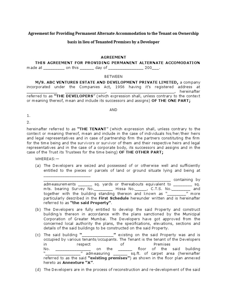Agreement For Providing Permanent Alternate Accommodation To The Tenant ...