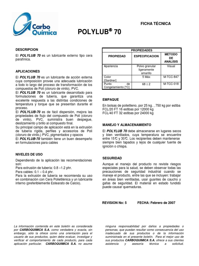 Polylub 70 | PDF | Cloruro de polivinilo | Química