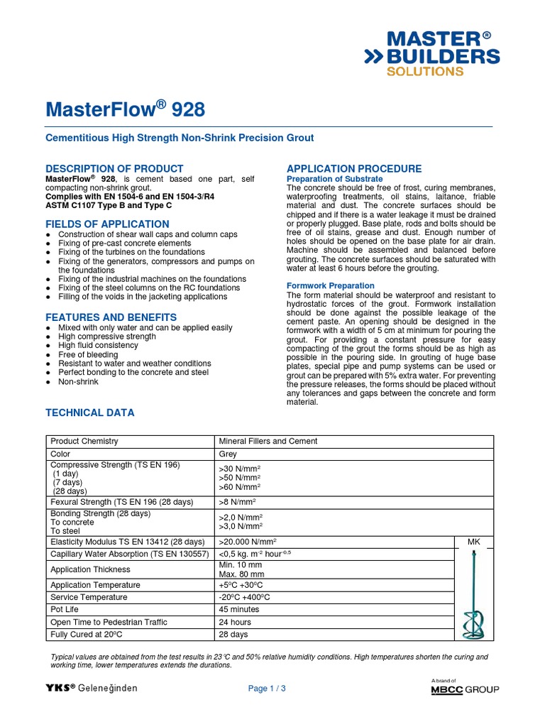 Masterflow: Cementitious High Strength Non-Shrink Precision Grout | PDF | Concrete | Cement