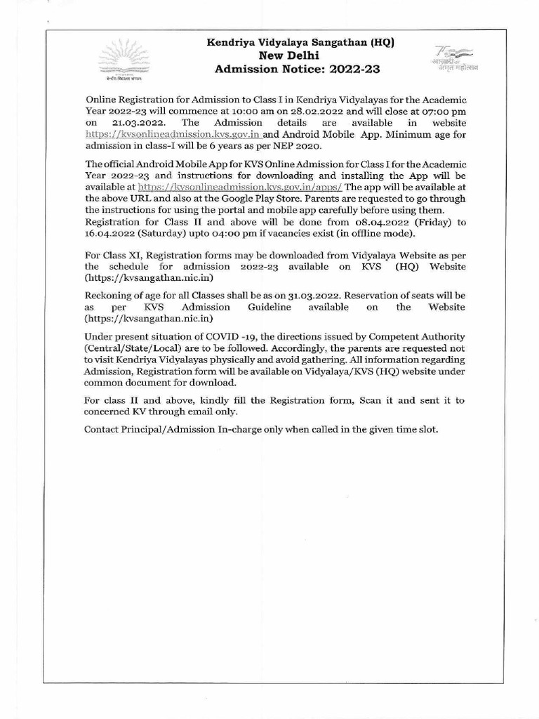 KV Online Admission Notice 2022 2023 | PDF | Career & Growth