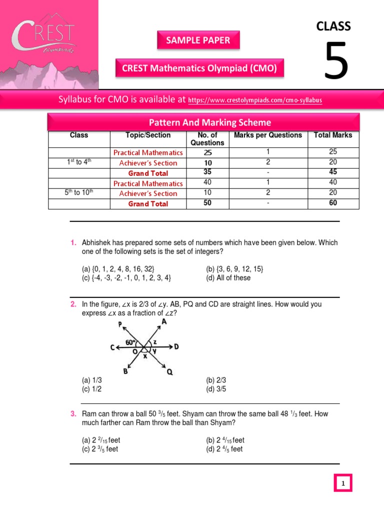 CMO Sample Papers For Class 5 | PDF | Mathematics | Elementary Mathematics