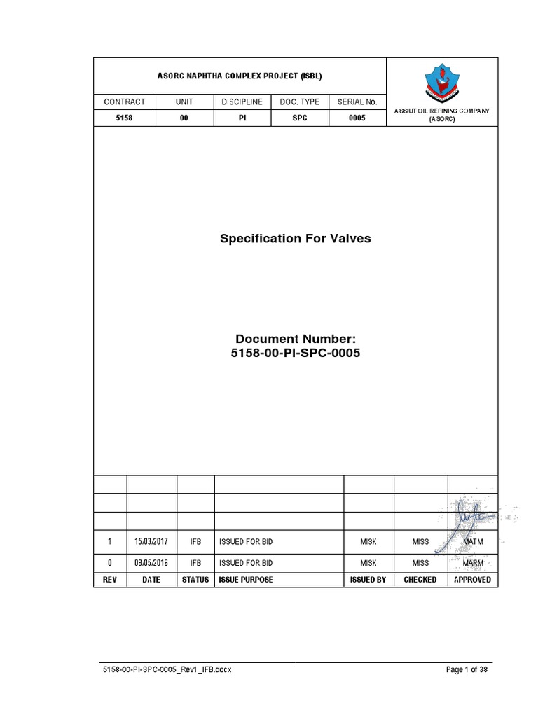 5158 00 PI SPC 0005 - 1 Specification For Valves | PDF | Pipe (Fluid ... 5158 00 PI SPC 0005 - 1 Specification For Valves | PDF | Pipe (Fluid ...