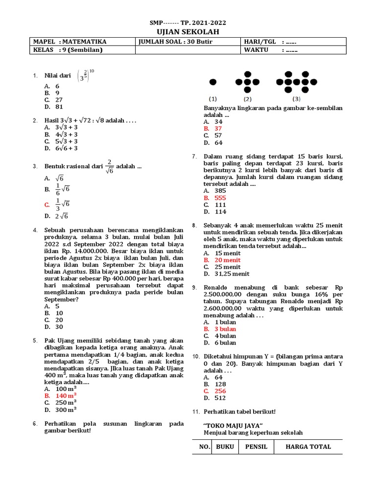 Soal Matematika - US Kelas 9 K13 - Draft | PDF