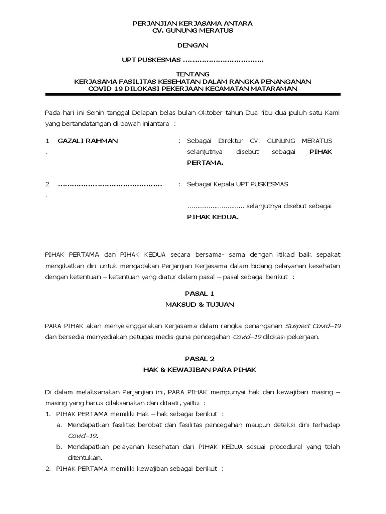 Perjanjian Kerjasama Dengan Puskesmas Pdf