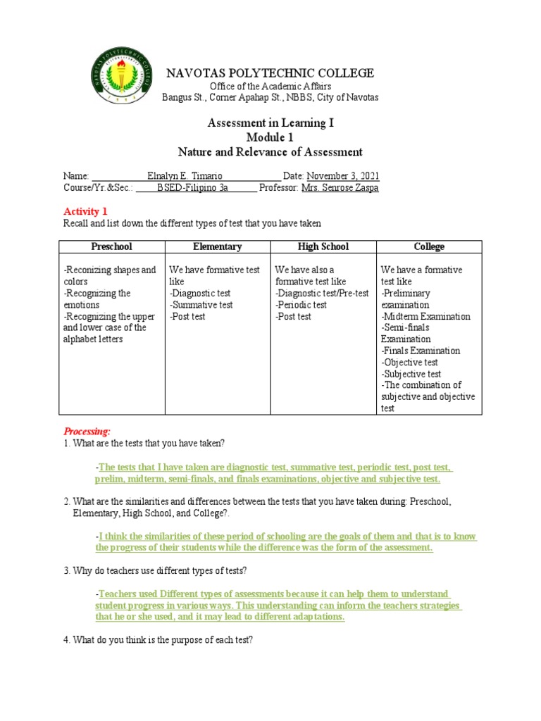 BSED FILIPINO 3A-Elnalyn E. Timario - Module 1 Assessment in Learning 1 ...