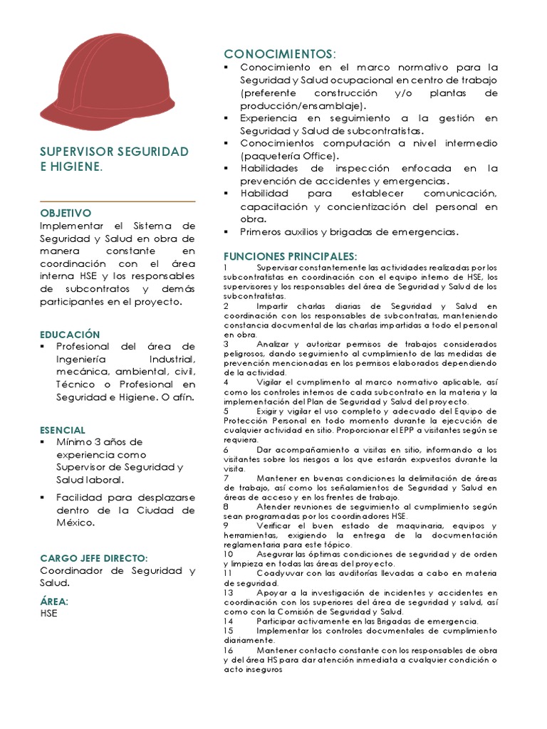Perfil de Supervisor de Seguridad | PDF | Seguridad y salud ocupacional ...