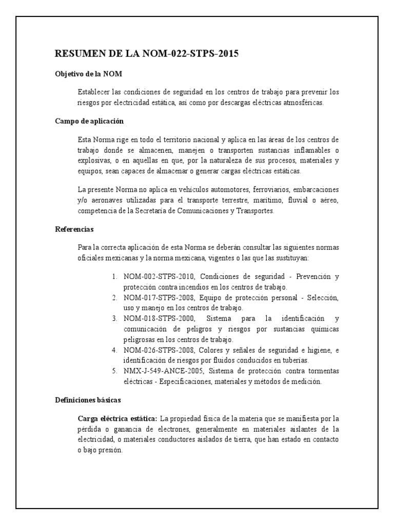 Resumen de La Nom 022 | PDF | Descarga electrostática | Electricidad