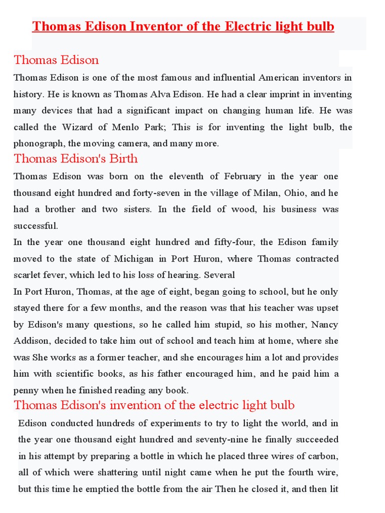 Thomas Edison Inventor of The Electric Light Bulb | PDF | Thomas Edison ...