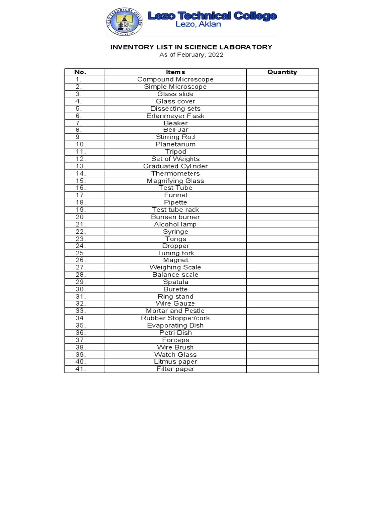 Science Laboratory Inventory List | PDF | Light | Earthquakes