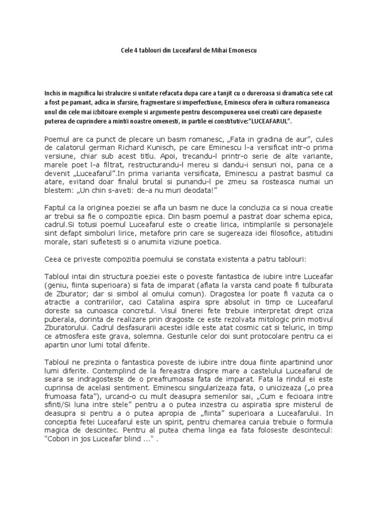 Cele 4 Tablouri Din Luceafarul de Mihai Emonescu | PDF