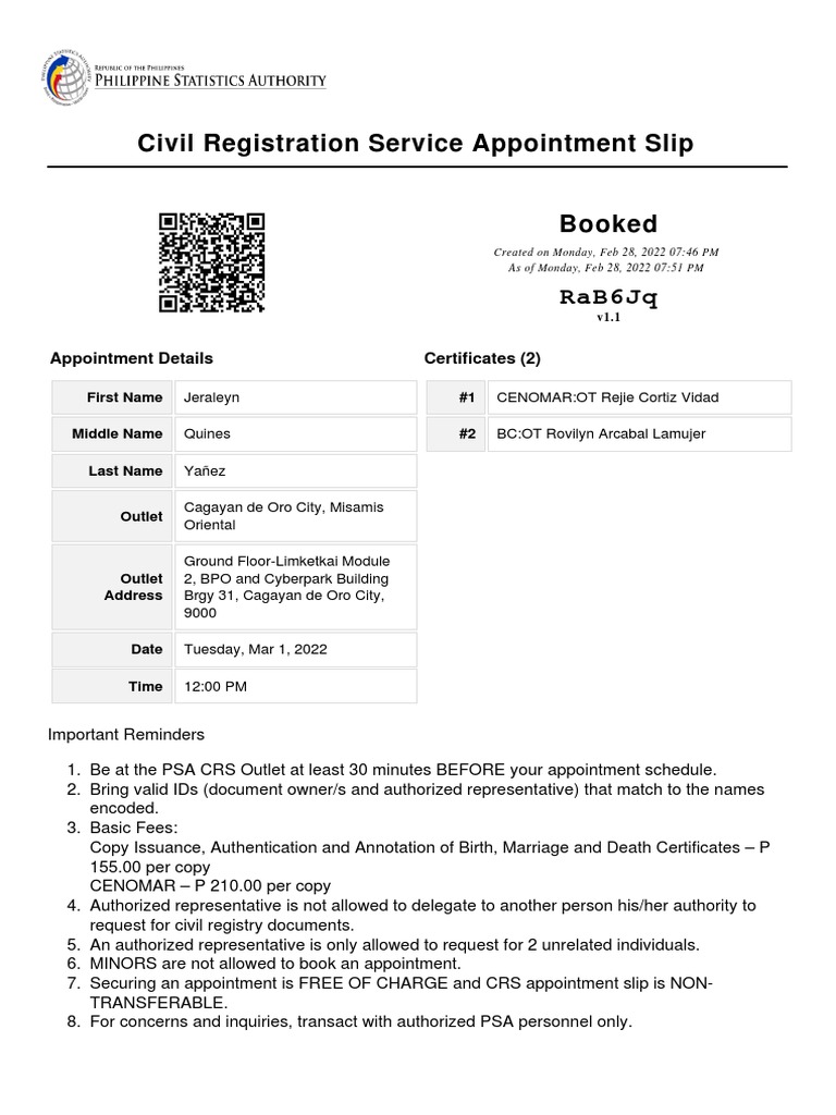 Civil Registration Service Appointment Slip: Rab6Jq | PDF | Identity ...