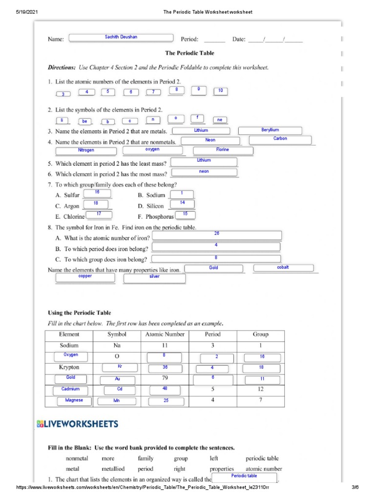 Periodic Table Worksheet | PDF | Periodic Table | Metallic Elements