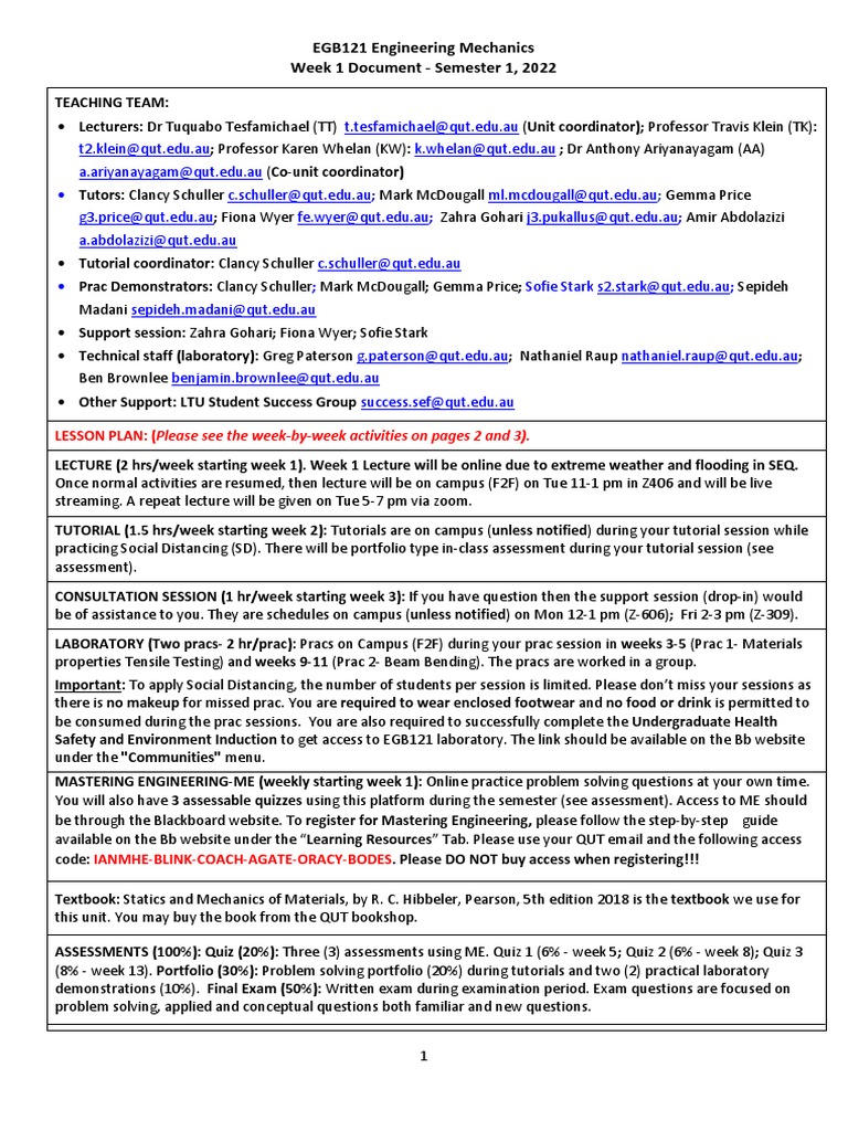 EGB121 Week 1 Document Sem 1 2022 | PDF | Bending | Structural Analysis