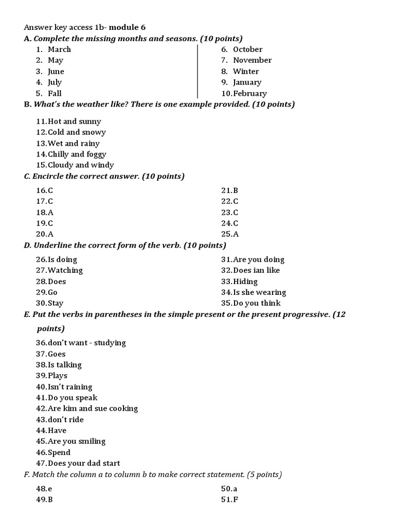 Answer Key Access 1B-6 | PDF