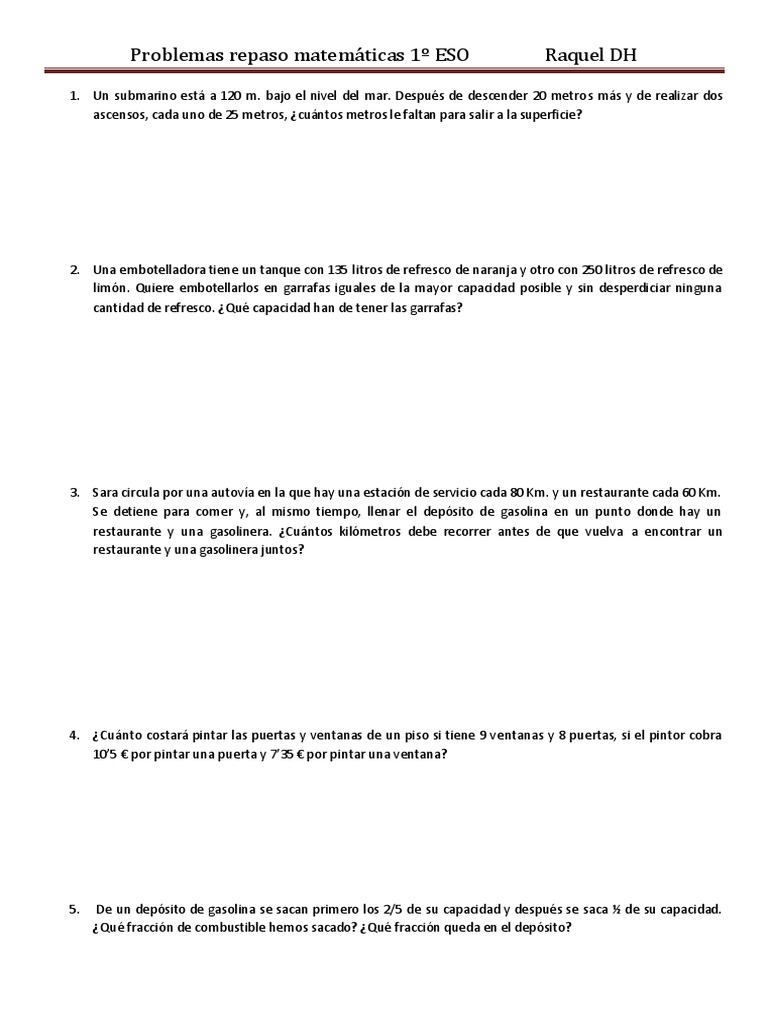 Repaso Problemas Matemáticas 1º ESO | PDF