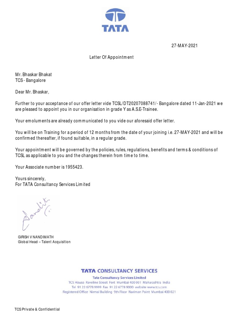 Tcs Appointment Letter | PDF