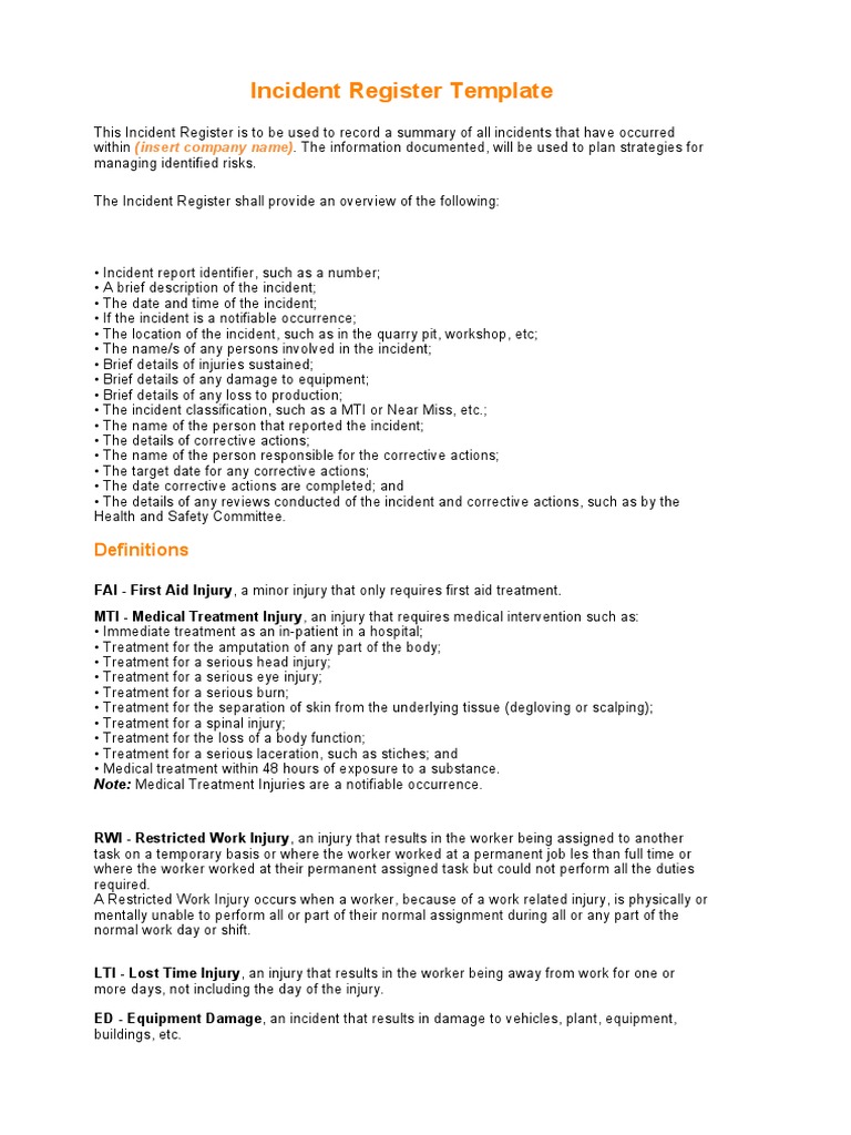Incident Register Template Overview | PDF | Occupational Safety And ...
