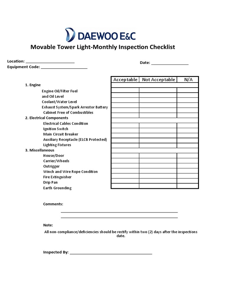 Movable Tower Light-Monthly Inspection Checklist: Acceptable Not ...