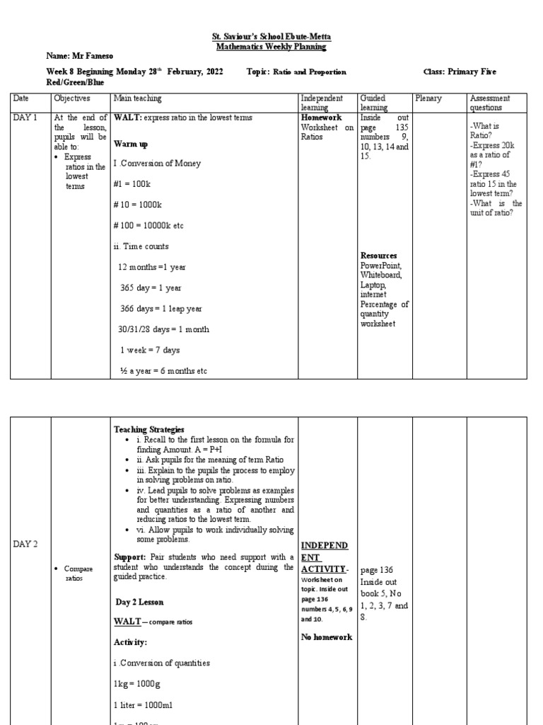 Mathematics Plan Week 8 Primary 5 Ratio and Proportion | PDF | Ratio ...