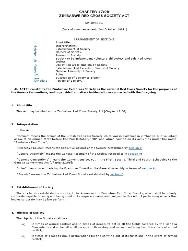 Zimbabwe Red Cross Society Act, No. 30 of 1981 | PDF | International ...