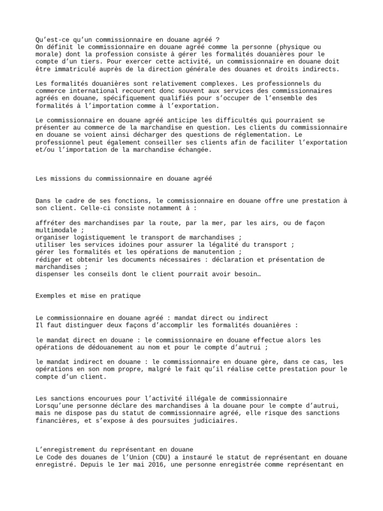 Rôle du commissionnaire en douane agréé | PDF | Transport | Commerce