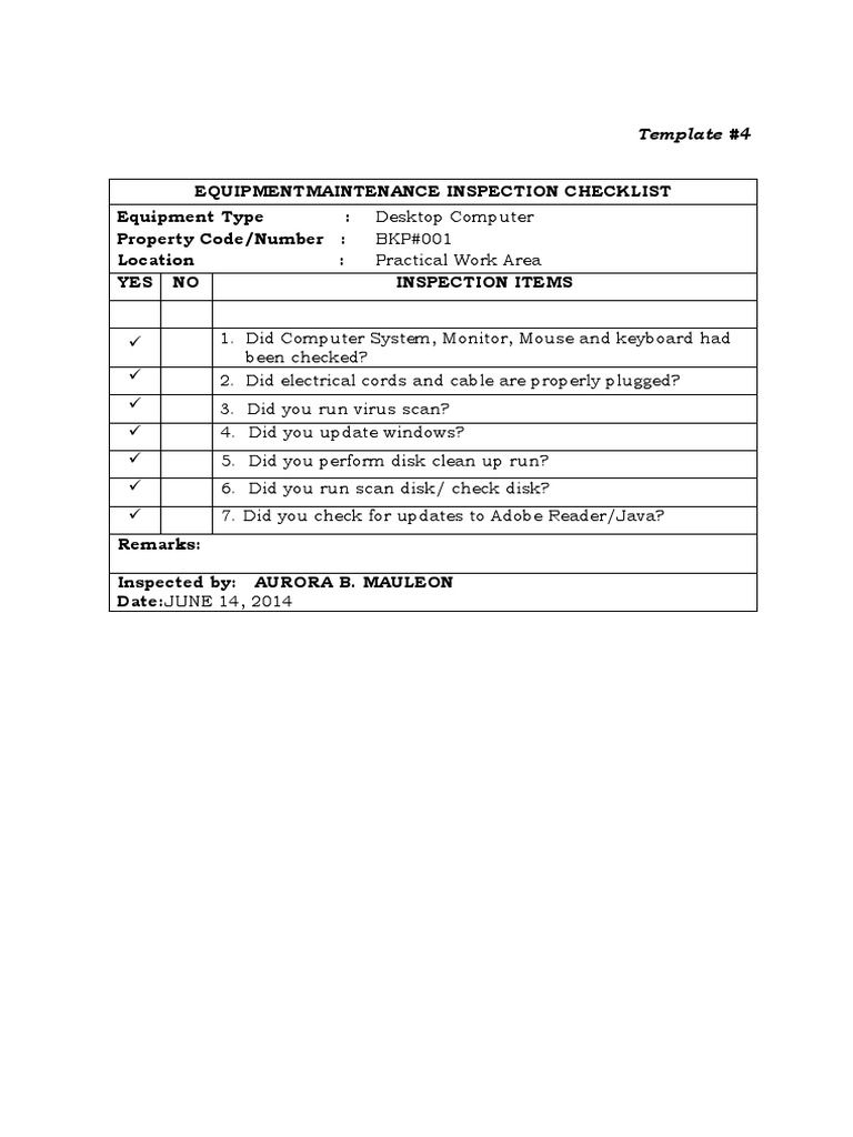4 Equipment Maintenance Inspection Checklist 1 | PDF | Computers