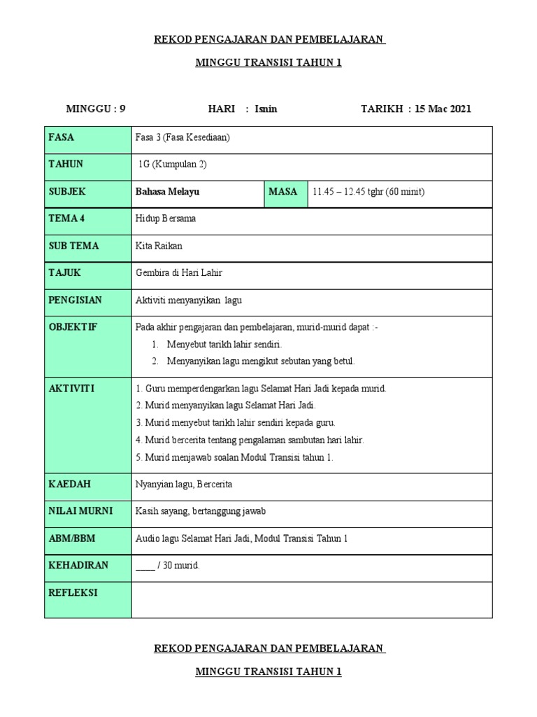 RPH TAHUN 1 (Minggu 9 - Transisi) | PDF