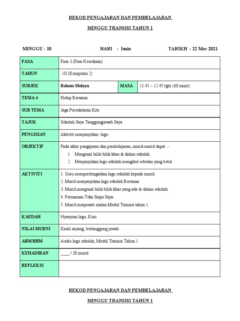 RPH TAHUN 1 (Minggu 10 - Transisi) | PDF