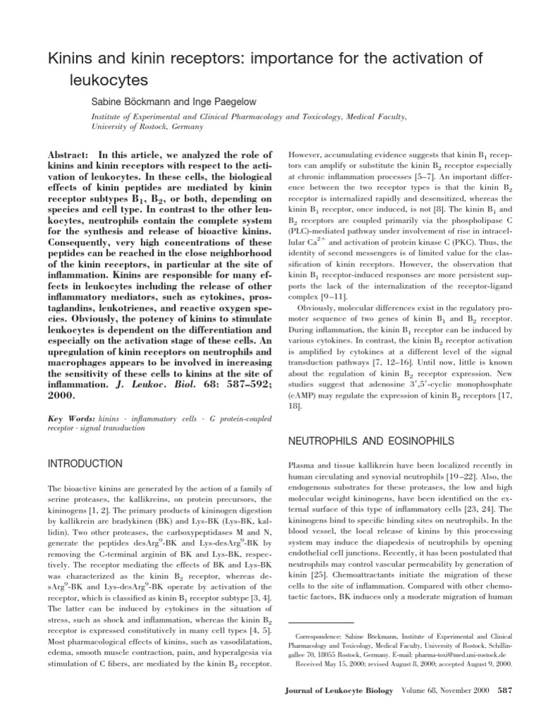 Kinins and Kinin Receptors: Importance For The Activation of Leukocytes ...