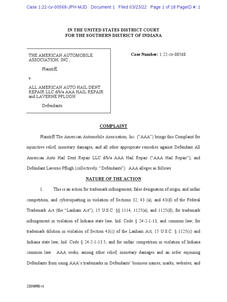 AAA Complaint | Download Free PDF | Trademark | Lanham Act