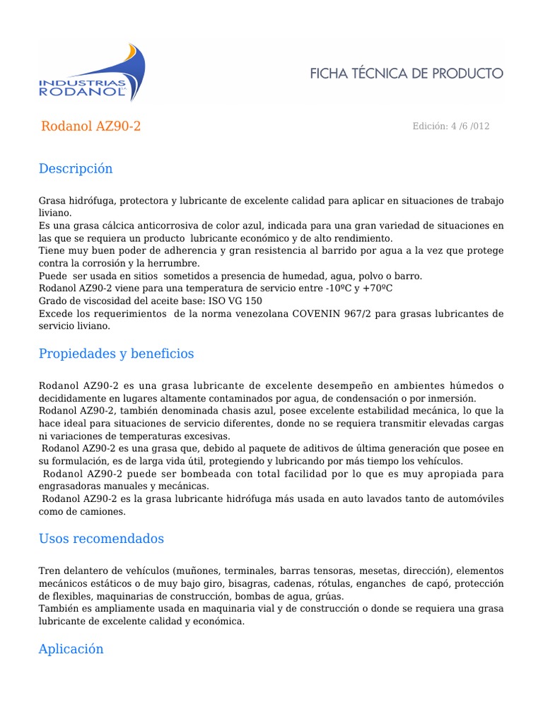 FT - Rodanol AZ90-2 | PDF | Lubricante | Agua