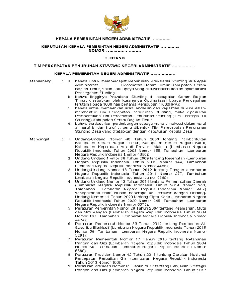 Contoh SK Kepala Desa Tentang Stunting | PDF