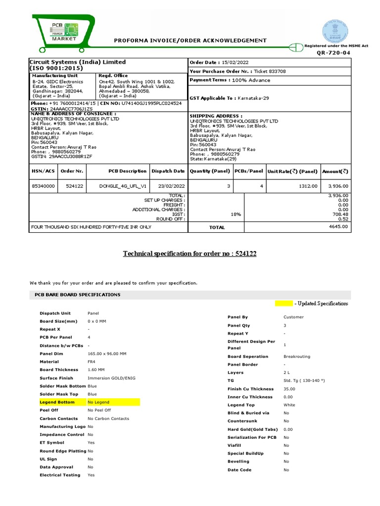 Circuit Systems (India) Limited (ISO 9001:2015) : Proforma Invoice ...