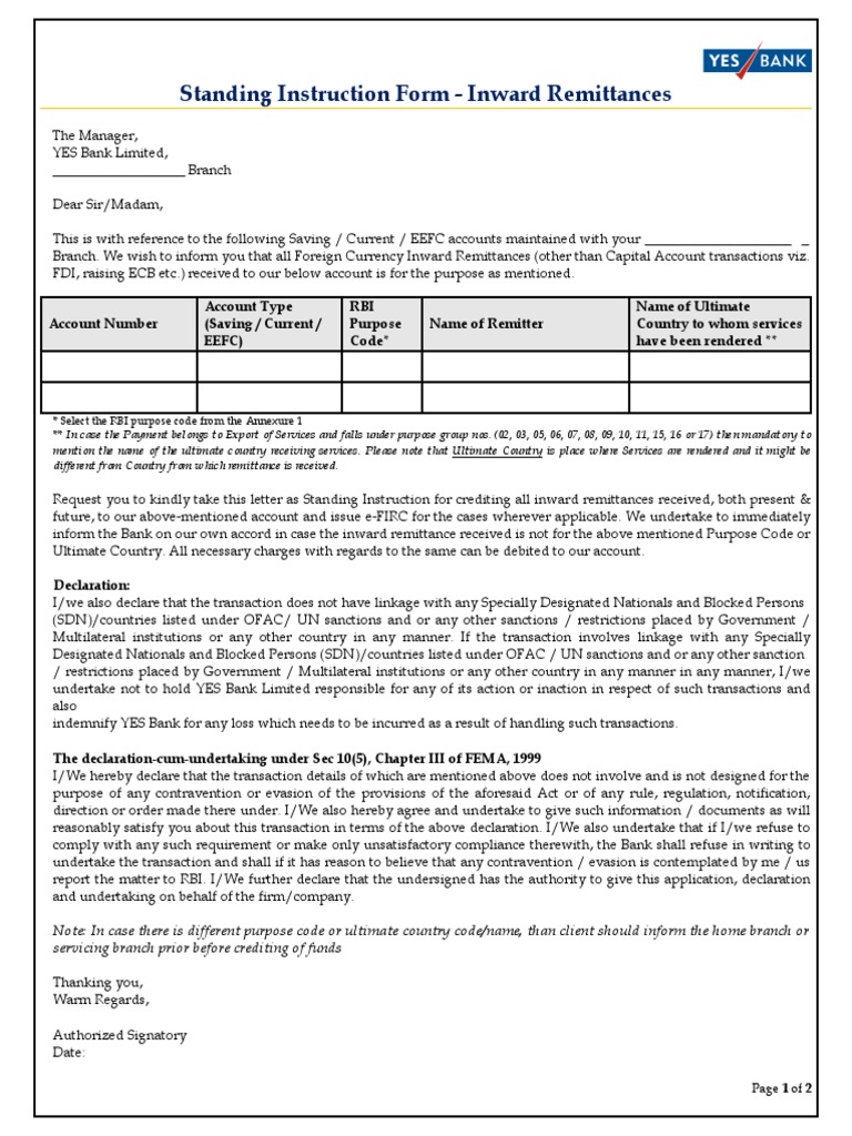 Standing Instruction Form - Inward Remittances | PDF | Office Of ...